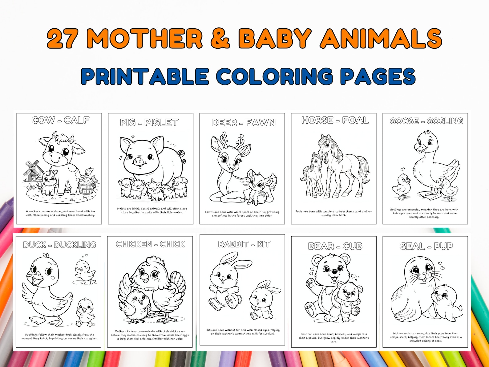 Printable Animal Coloring Pages Featuring Mother and Baby Animals With ...