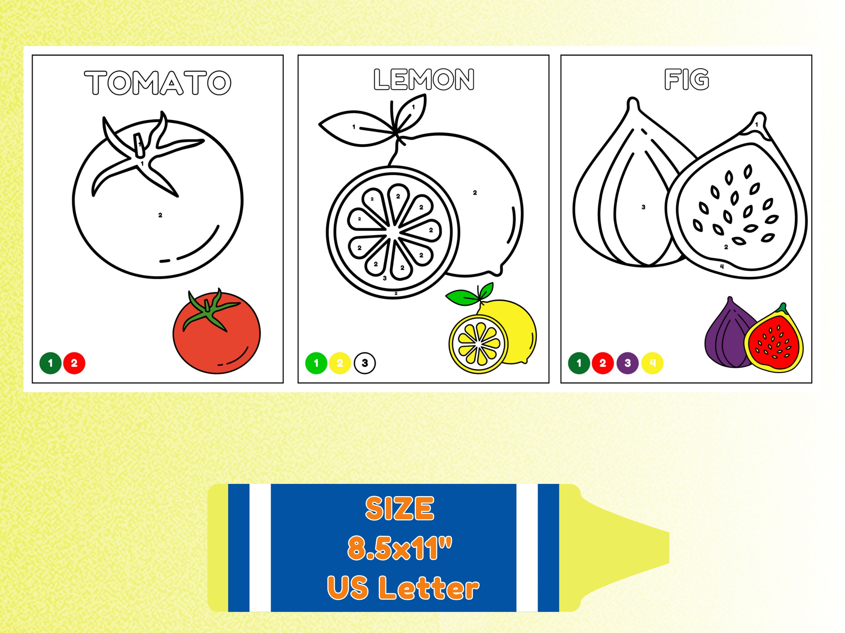 Fruits and Vegetables Color by Number Coloring Pages for Kids, Fruits ...