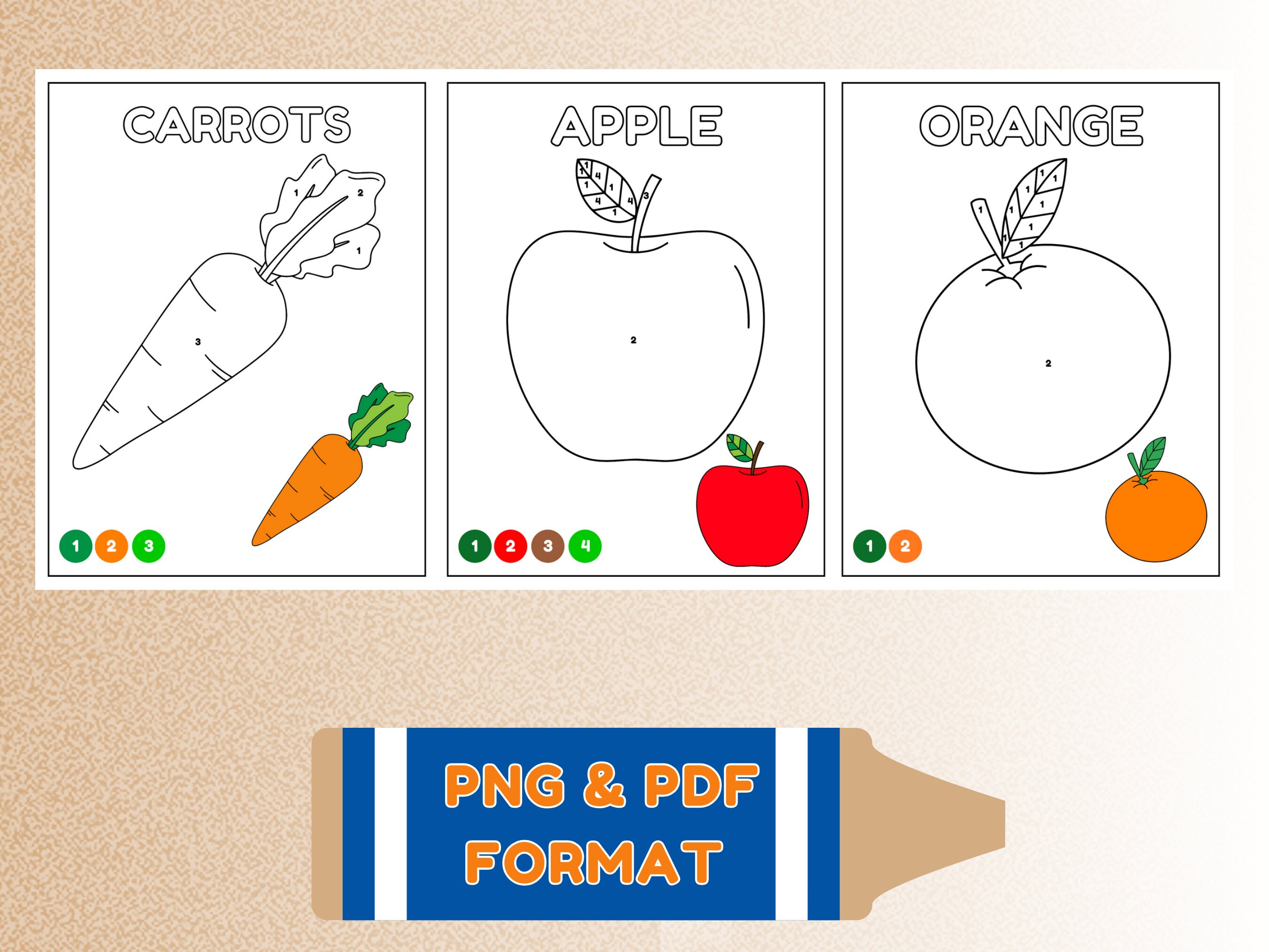 Fruits and Vegetables Color by Number Coloring Pages for Kids, Fruits ...