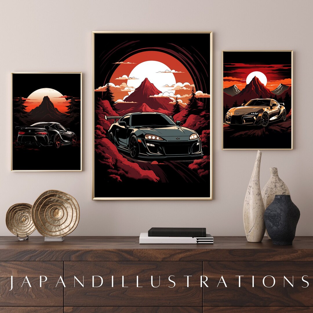 Japan Car Wall Art Print of Supra Poster Black, Vintage Style Modern ...
