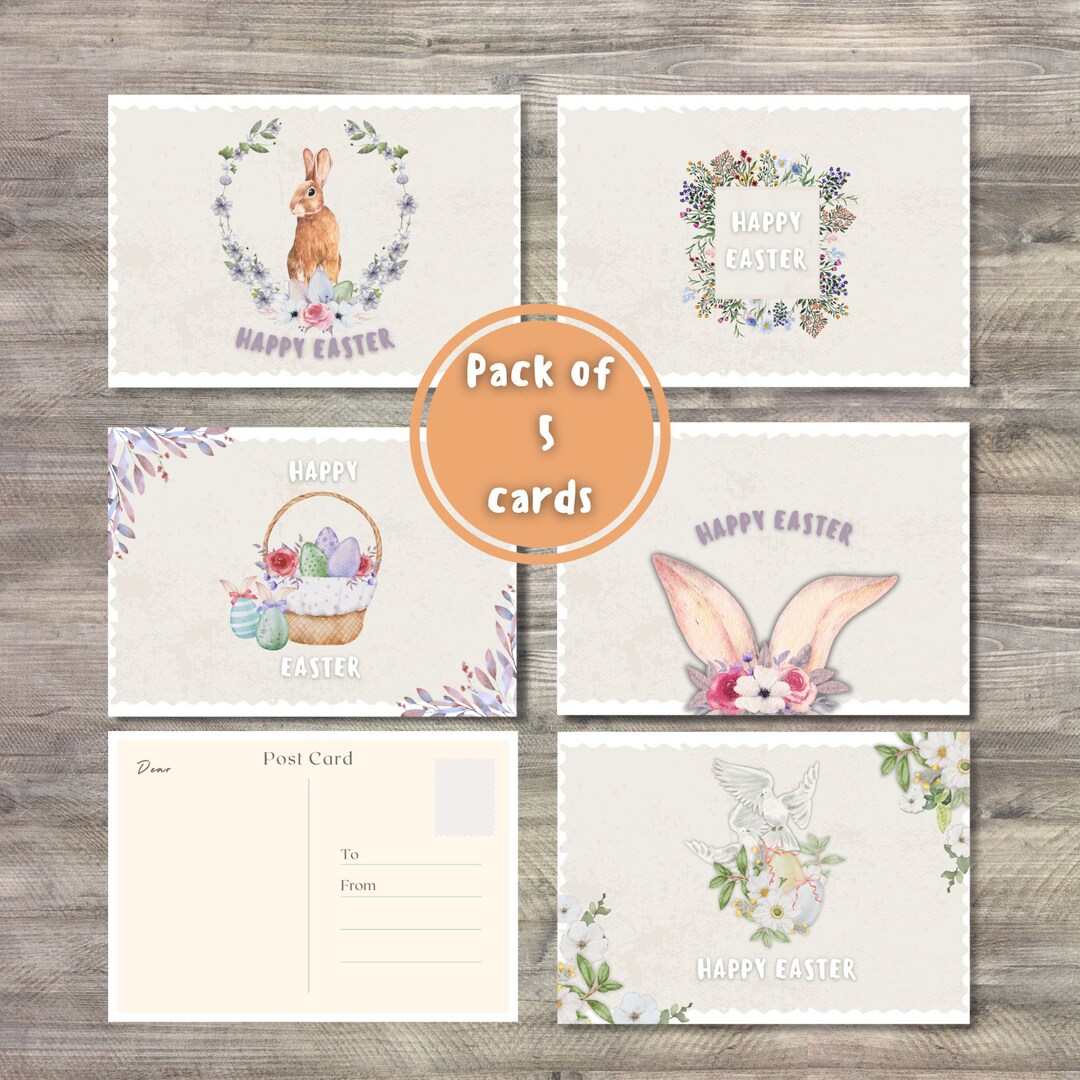 Easter Cards Pack - Set of 5 Assorted Watercolor Happy Easter Digital ...