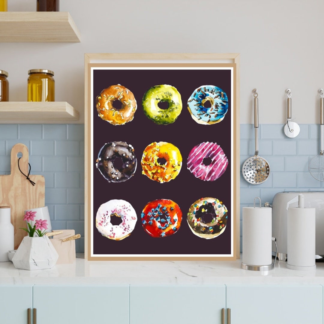 Colourful Donut Print Set Pastry Patisserie Wall Art Kitchen Decor ...