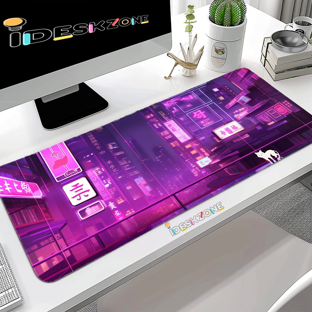 Anime Desk Mat, Cyberpunk Vaporwave City Mouse Pad With Neon Signs ...