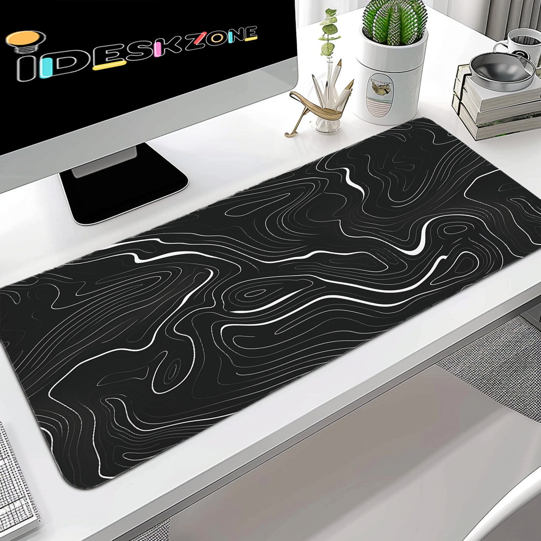 Minimalist Topographic Desk Mat With Aesthetic Geology Abstract Black ...