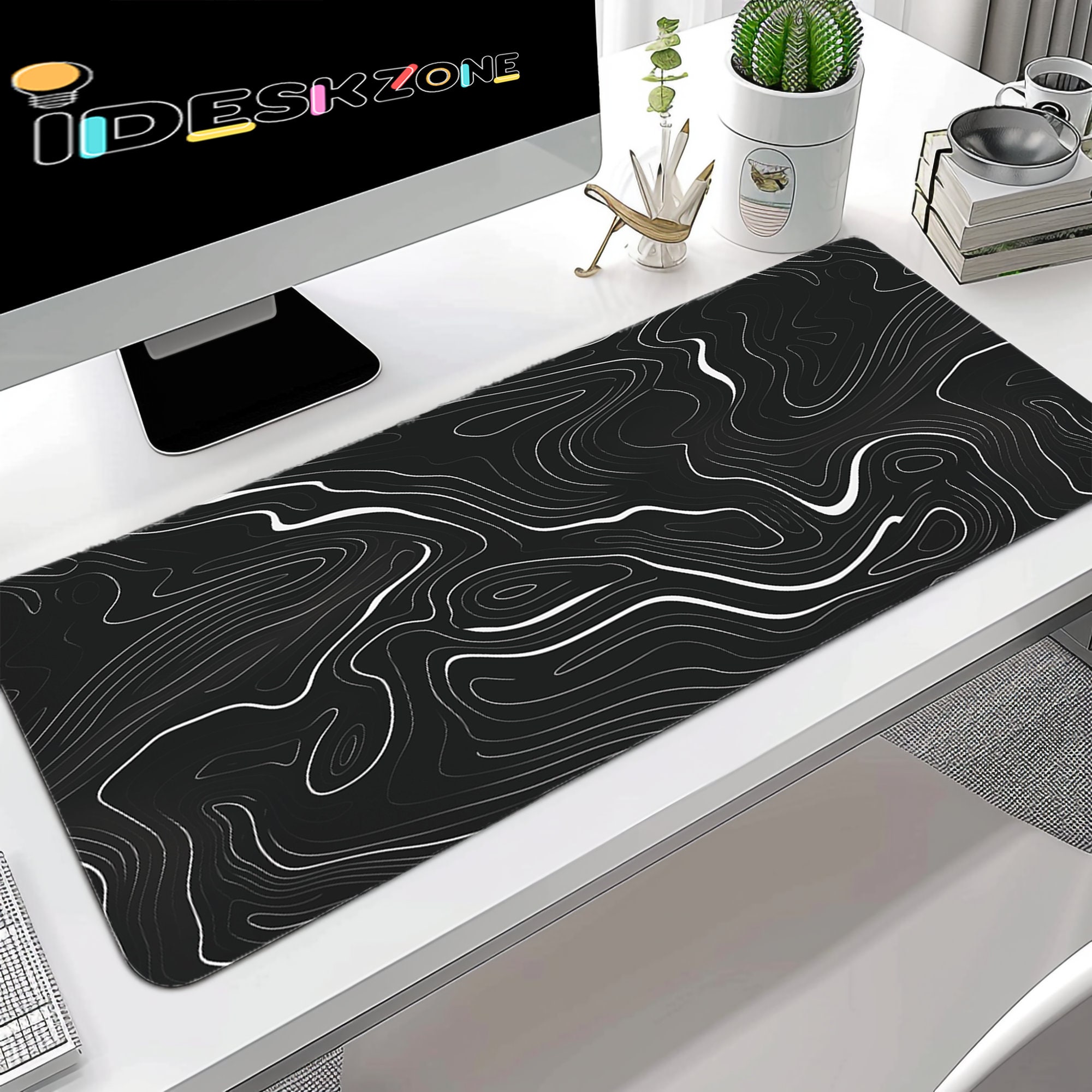 Minimalist Topographic Desk Mat With Aesthetic Geology Abstract Black ...