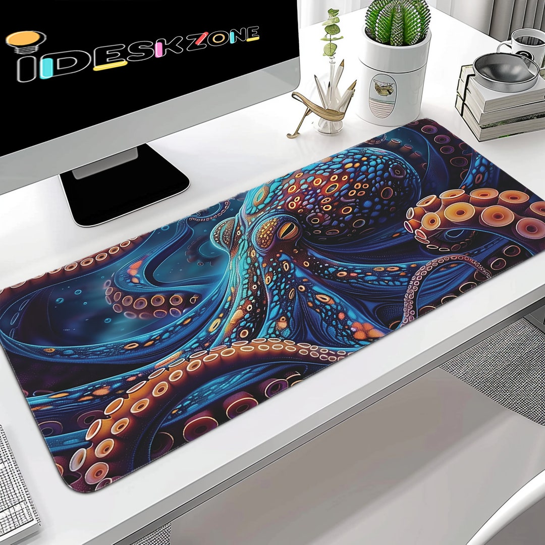 Ornate Octopus Desk Mat in Blue & Orange With Tentacles in Ocean ...