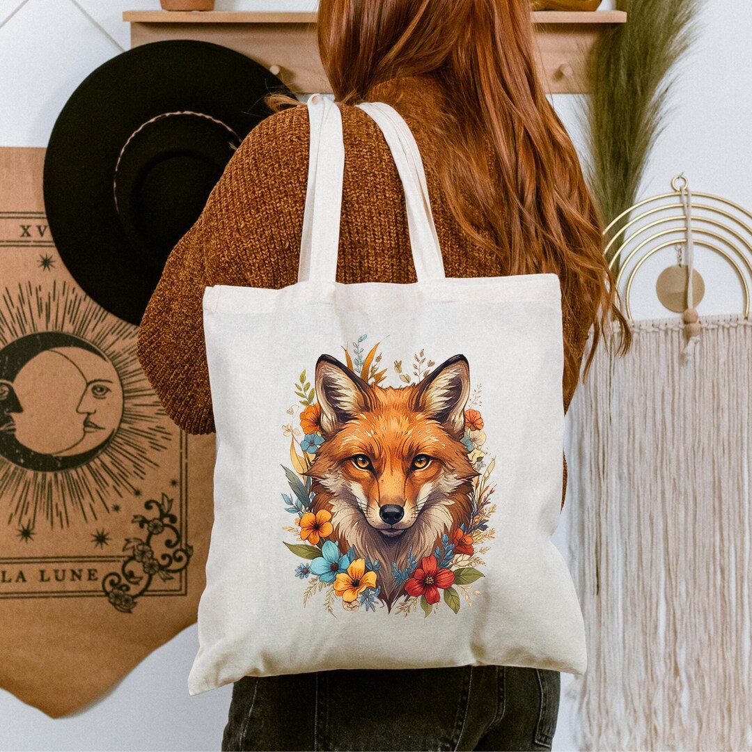 Floral Fox Canvas Tote Bag, Cottagecore Fairycore Boho Bag, Woodland ...