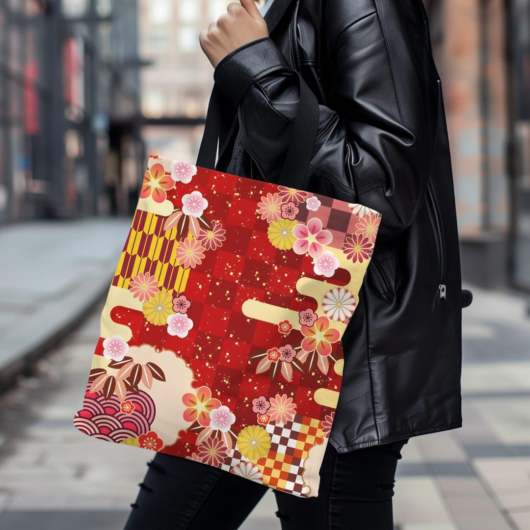 Japanese Floral Tote Bag, Kimono Pattern Tote, Sakura Tote Bag, Cherry ...