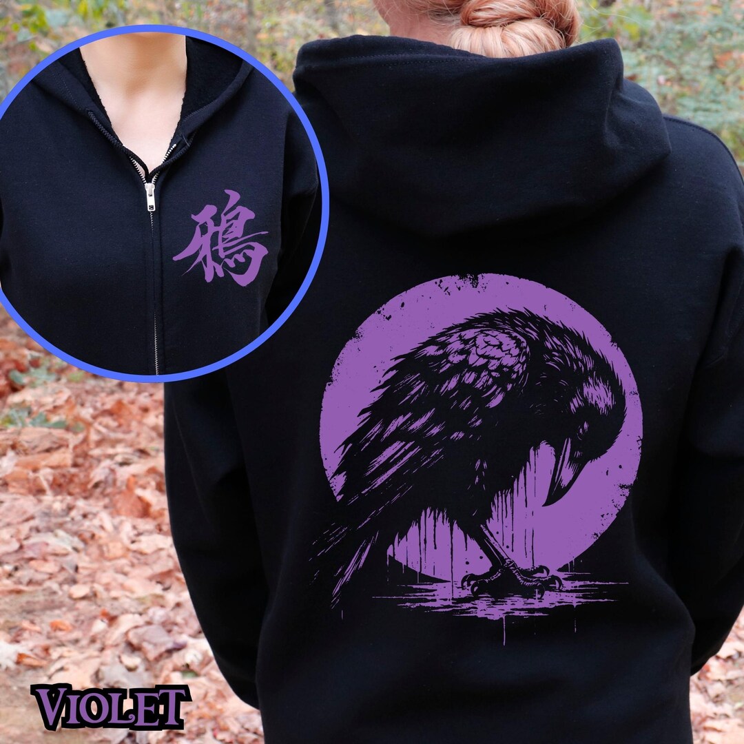 Japanese Raven Hoodie, Kanji Raven Full Zip, Gothic Crow Sweatshirt ...