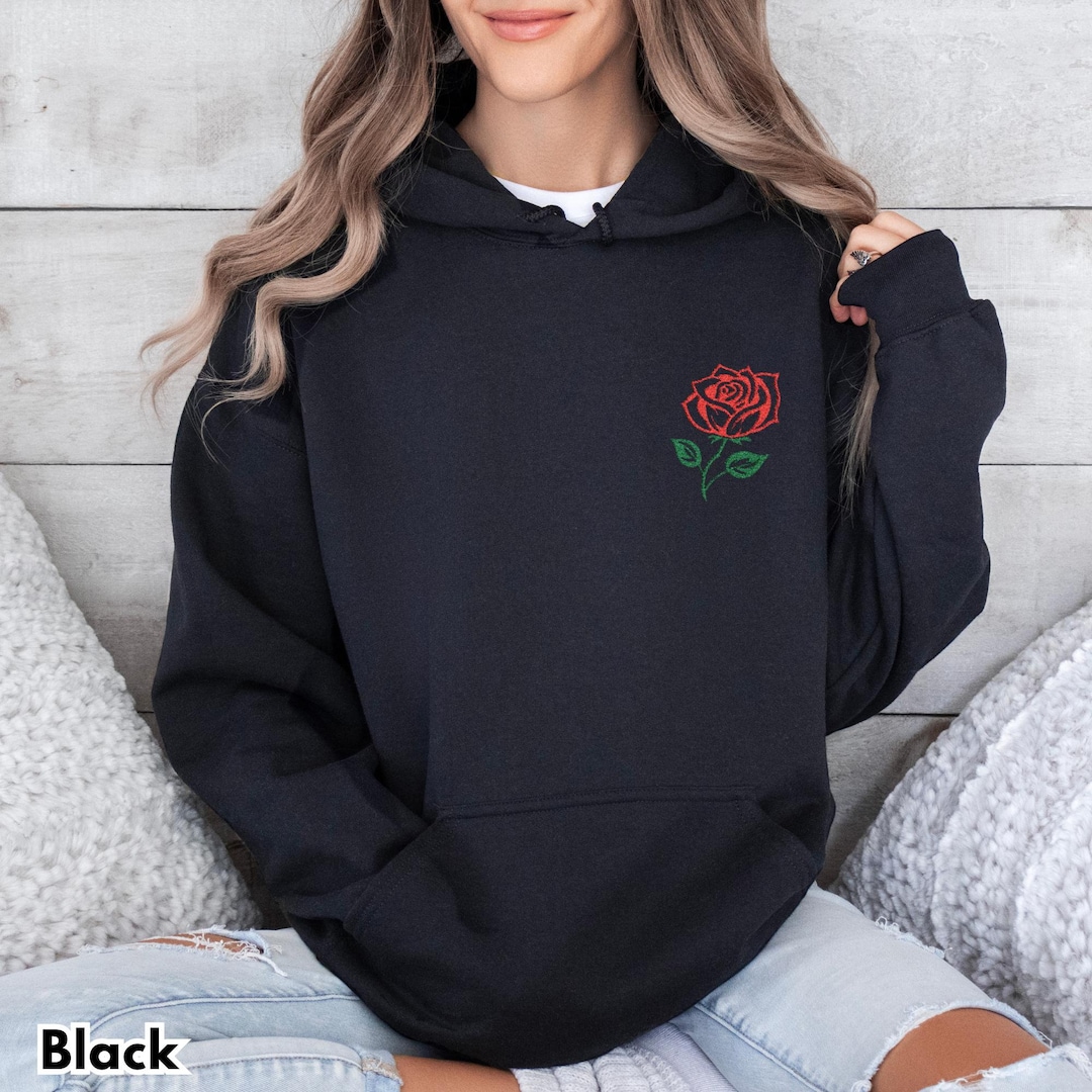Embroidered Red Rose Hoodie, Floral Embroidery, Botanical Hoodie, Dark ...