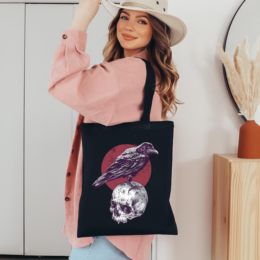 Gothic Raven Canvas Tote Bag, Witchy Crow Bag, Dark Academia Tote ...