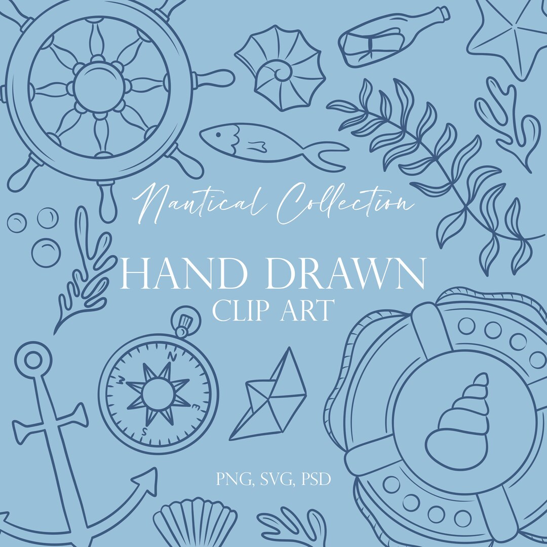 Nautical Line Art Clip Art: 42 Hand-drawn Ocean Illustrations (PNG, SVG ...