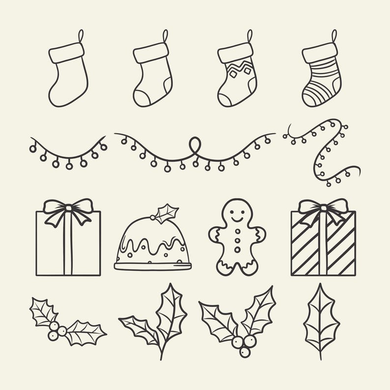 Christmas Line Art Digital Holiday Clip Art Collection | 78 Hand Drawn ...