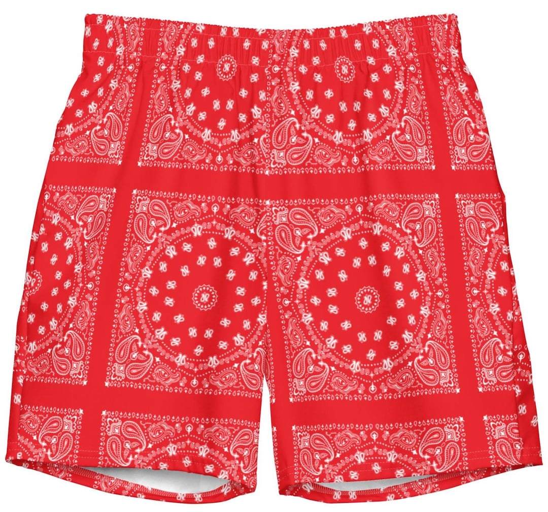 Mens Red Bandana Print Swim Trunk Paisley Beach Shorts Western Style ...