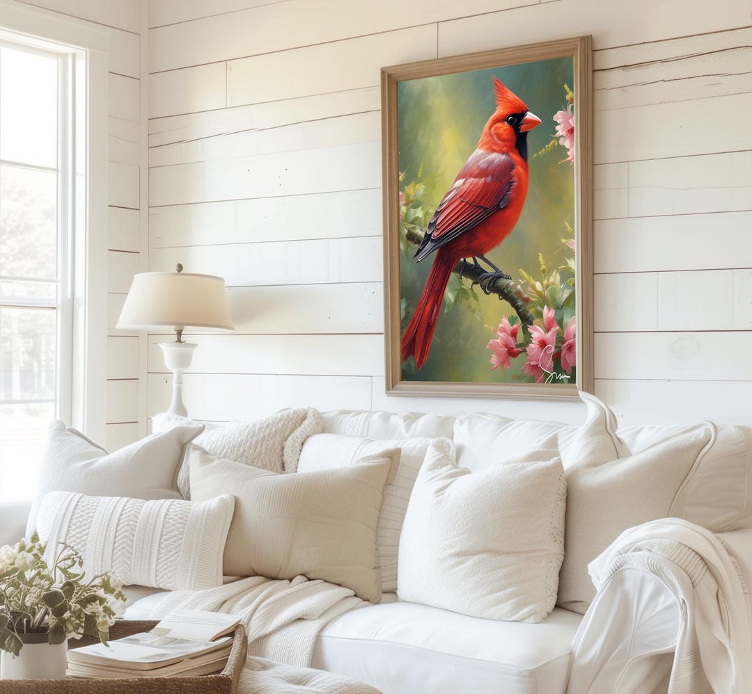 Red Cardinal Oil Painting Vintage Style Wall Art Prints, Red Bird Art ...