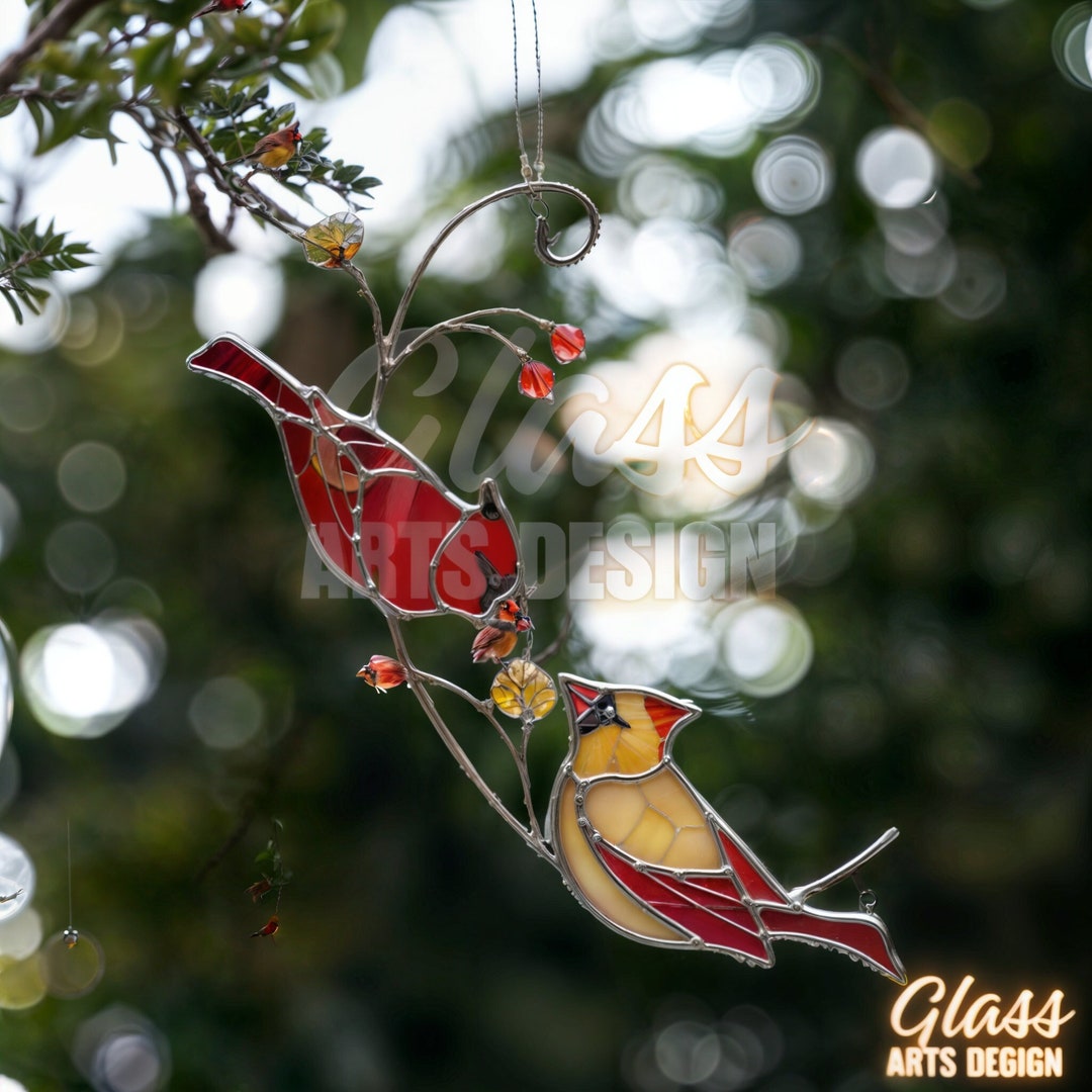 Red Cardinals Stained Glass Suncatcher Stained Glass Bird Suncatcher ...