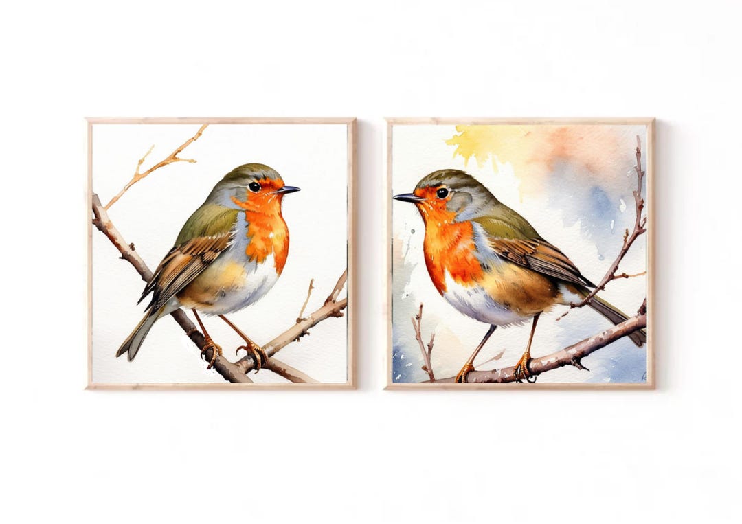 Robin Birds Painting Set of Two Robin Watercolor Printable Art Print ...