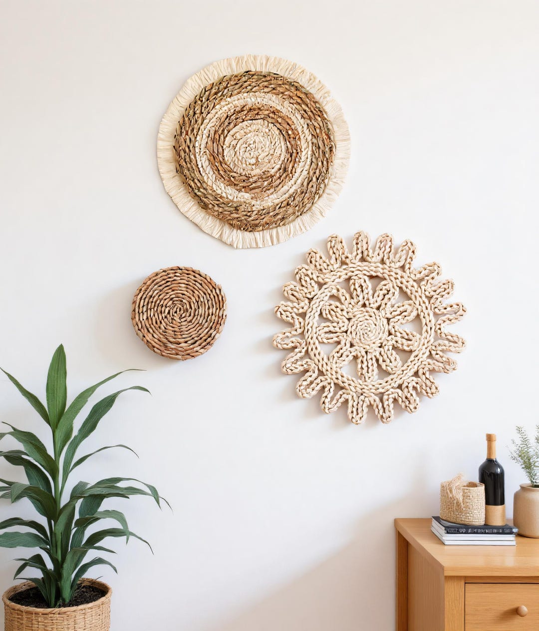 Boho Woven Wall Hanging Basket Set of 3, Natural Rattan Wall Art With ...