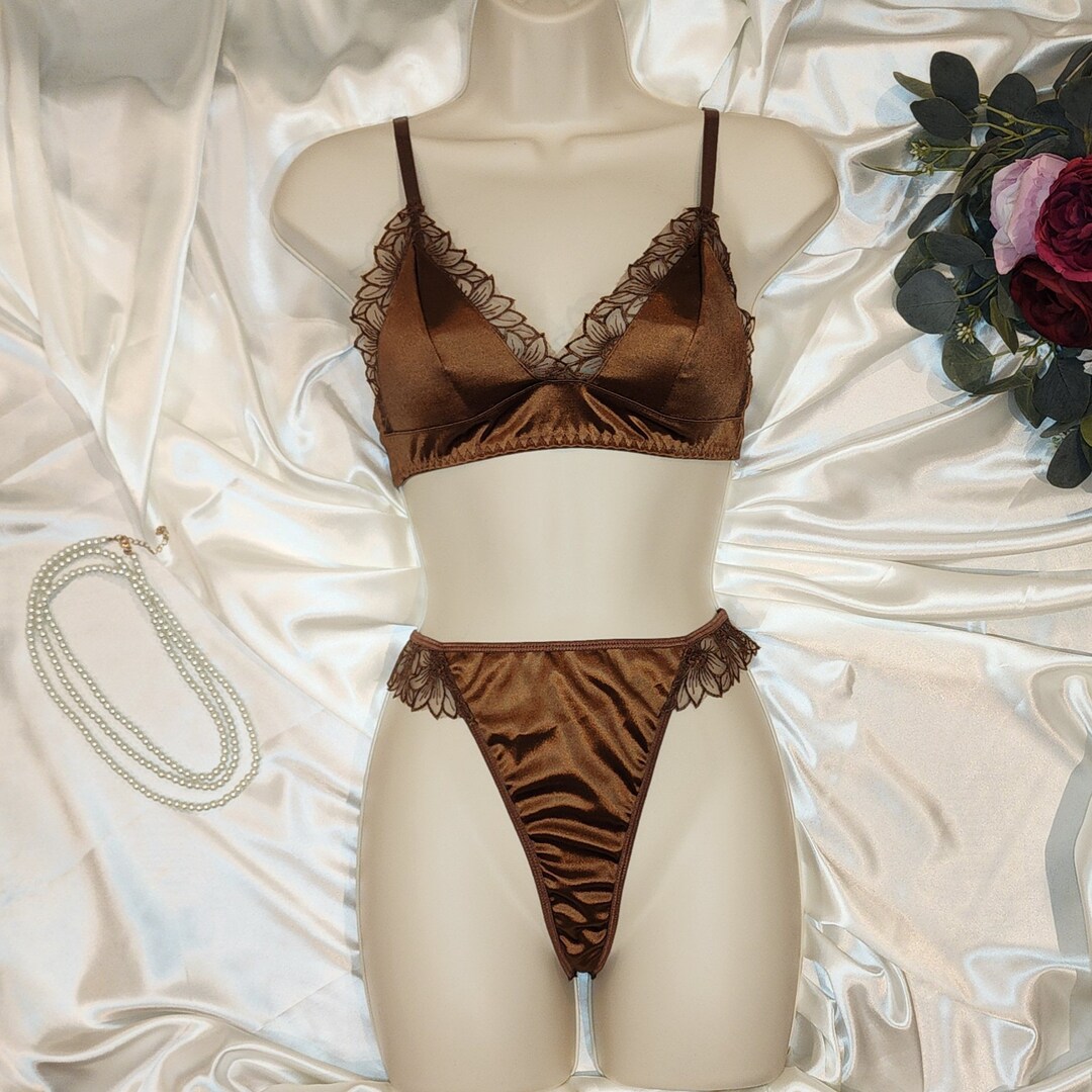 Solid Satin Lace Trim Lingerie Set Bra And Thong Intimates Etsy