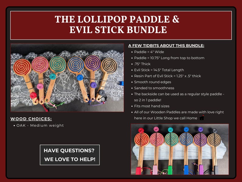 BDSM Lollipop Spanking Paddle & Evil Stick Cane Bundle, Impact Play ...