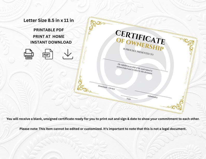 BDSM Certificate of Ownership, D/s Digital Download, Dominant ...