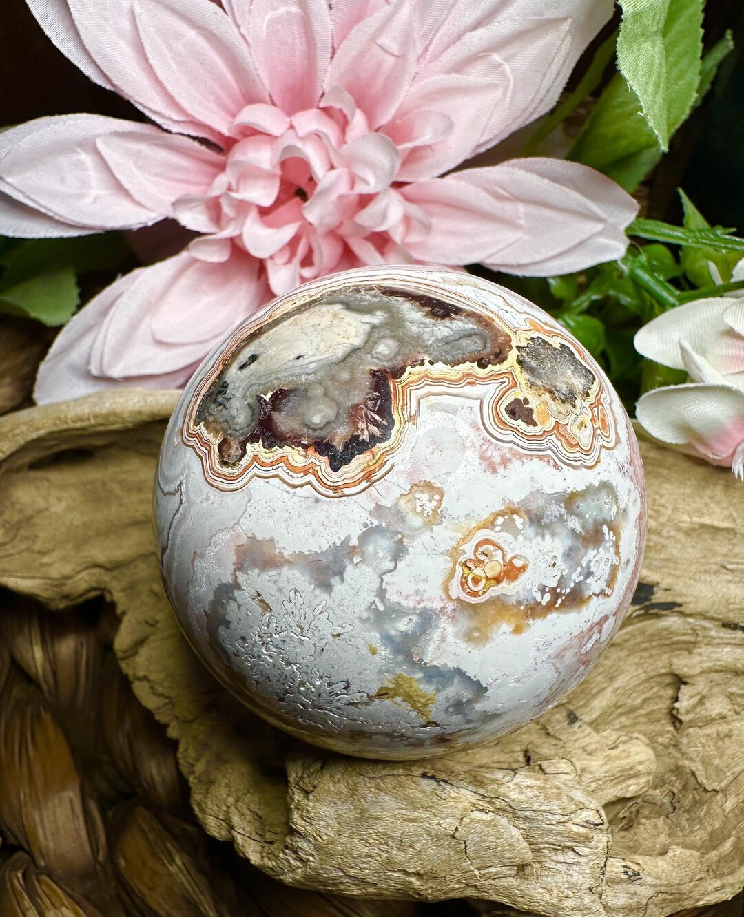Mexican Crazy Lace Agate Sphere Polished 13.2oz Wrap Around Mega Bander, White & Pink, Bands ...