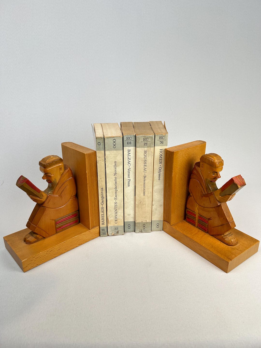 Charming Bookends With Wooden Figure of a Reading Monk. Handmade Wooden ...