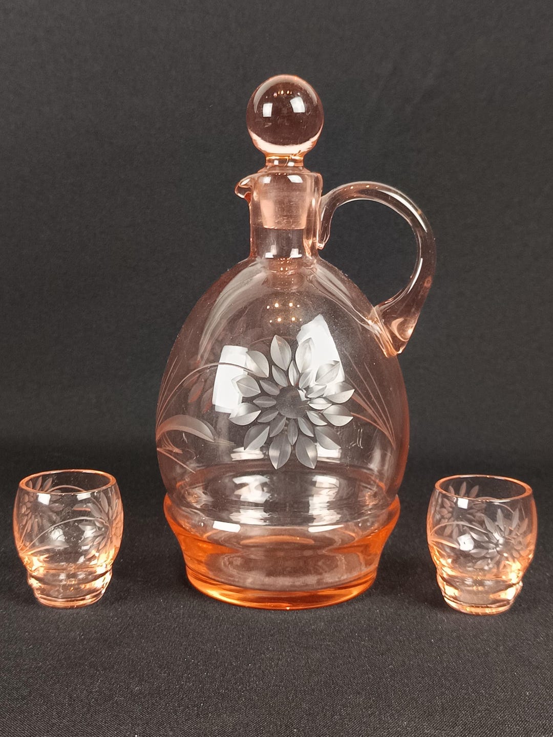 Mid-century Barware Elegant Liqueur Set in Pink Glass With Enamel ...