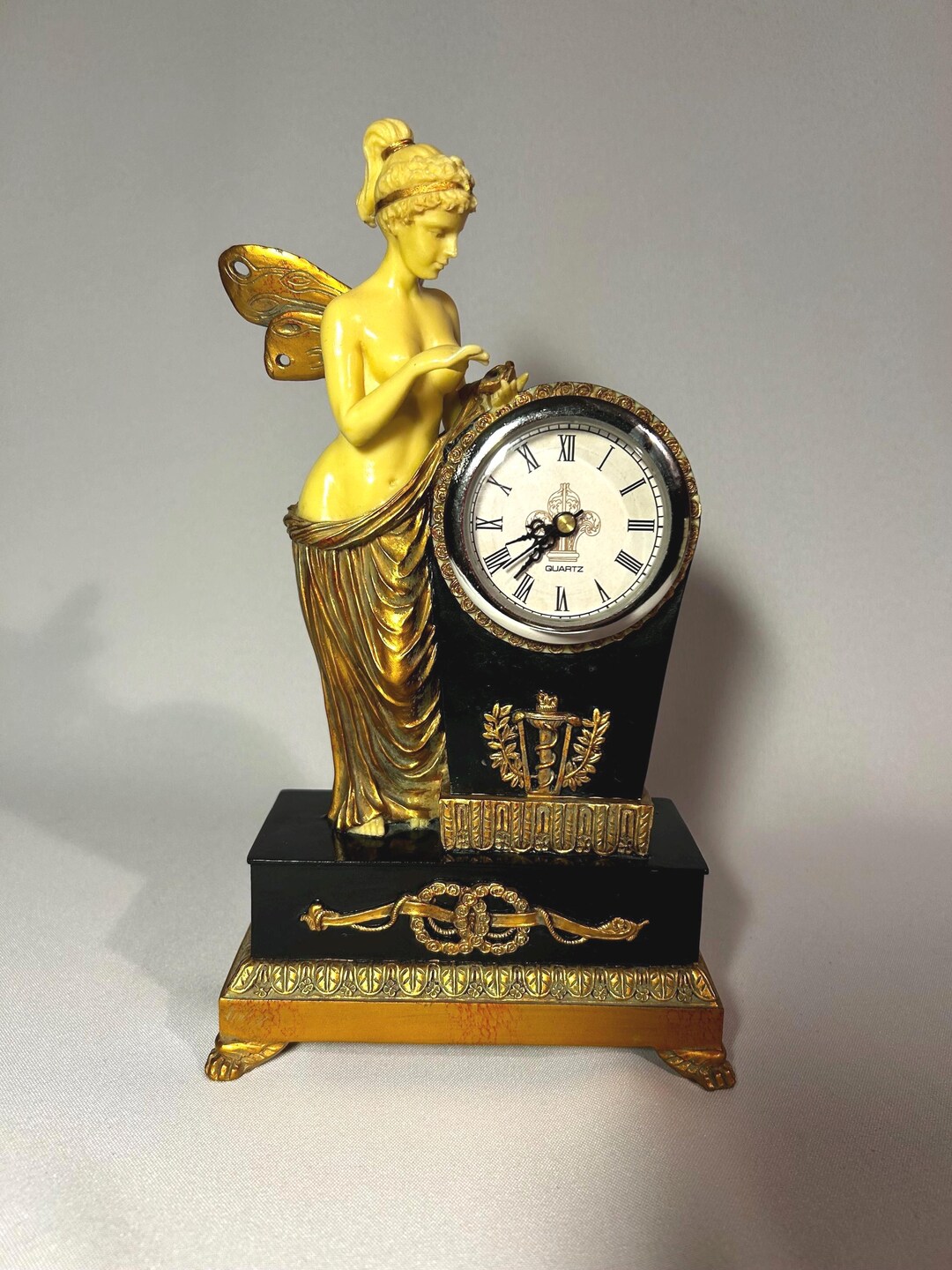 Black and Gold Mantel Clock With Elf Statue Stately Table Clock in ...