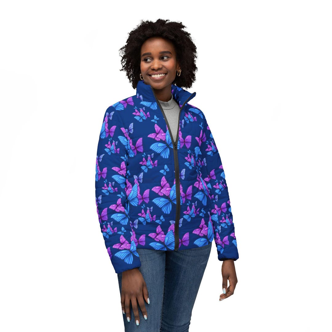 Butterfly Print Puffer Jacket: Women's Quilted Bluewinter Coat - Etsy
