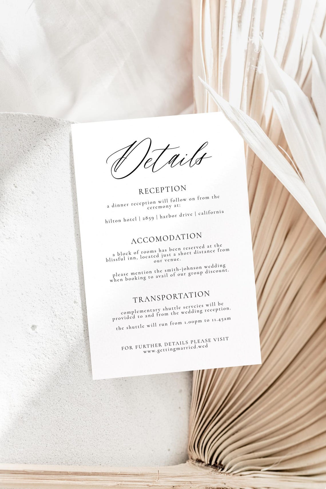 ELEGANT WEDDING DETAILS Card Template, Editable Wedding Details Card ...