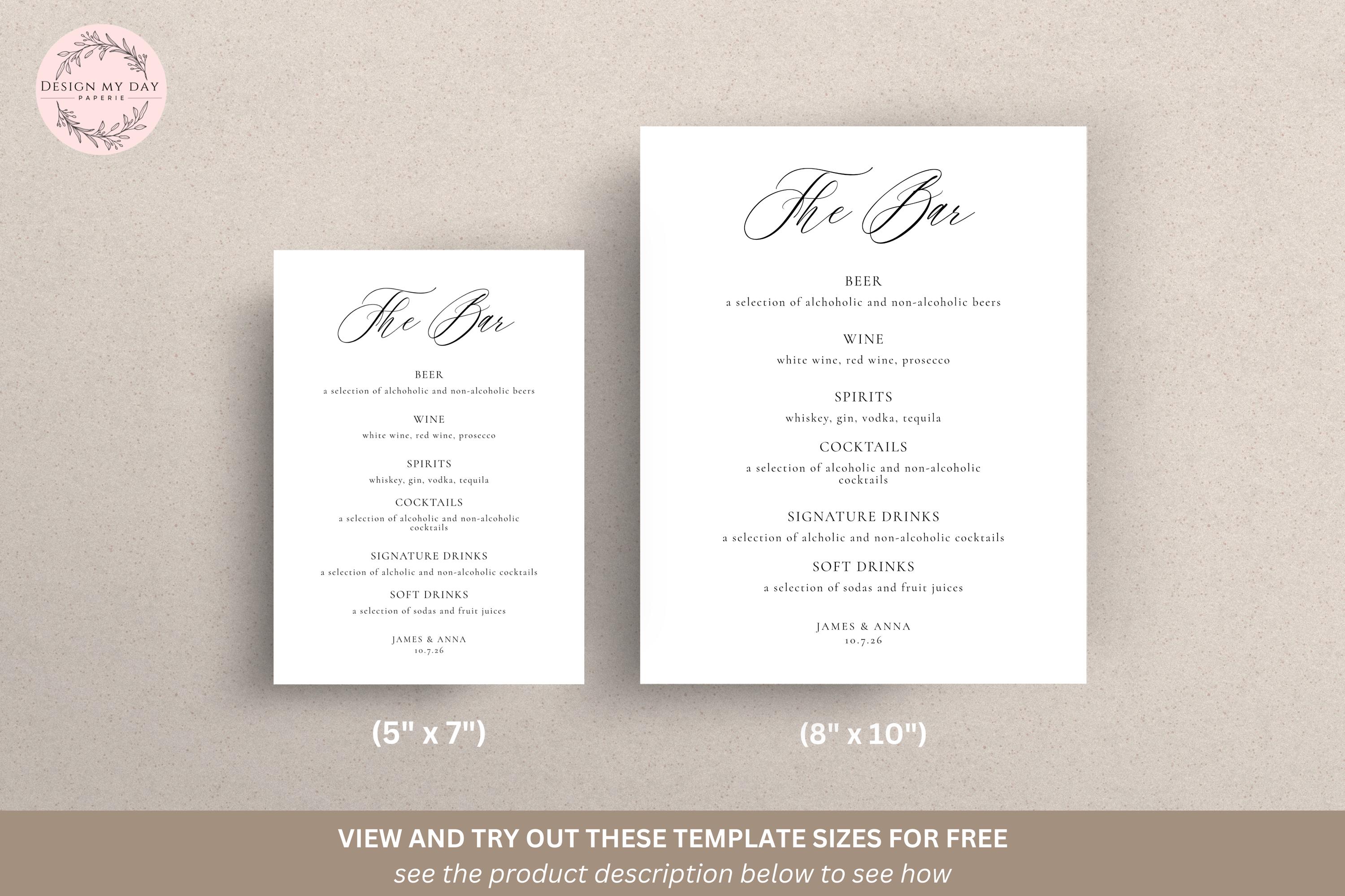 ELEGANT BAR Menu Template, Wedding Bar Sign, Minimalist Wedding Drinks ...