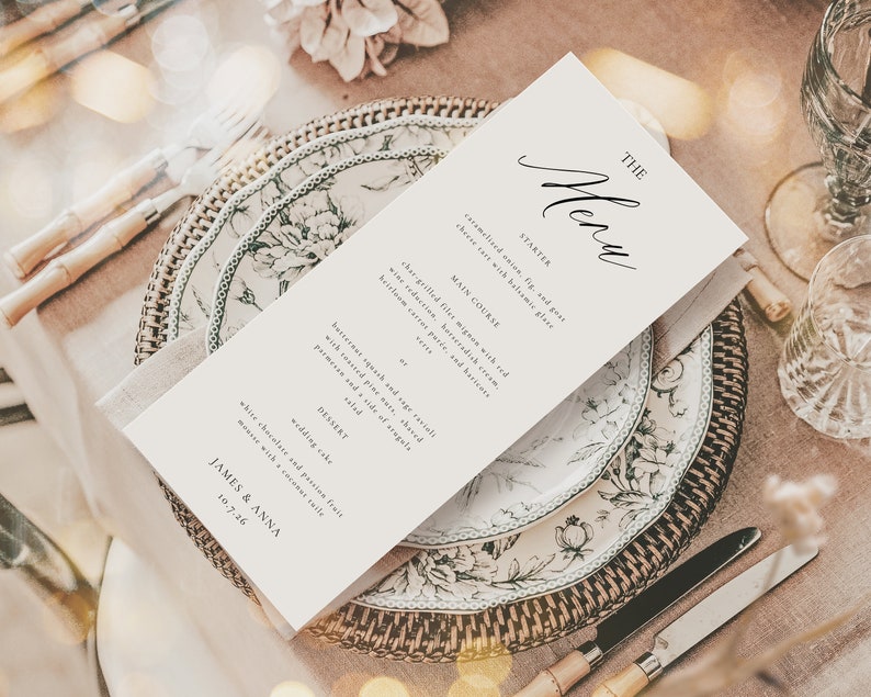 ELEGANT WEDDING MENU Template, Wedding Table Menu Card, Editable Menu ...