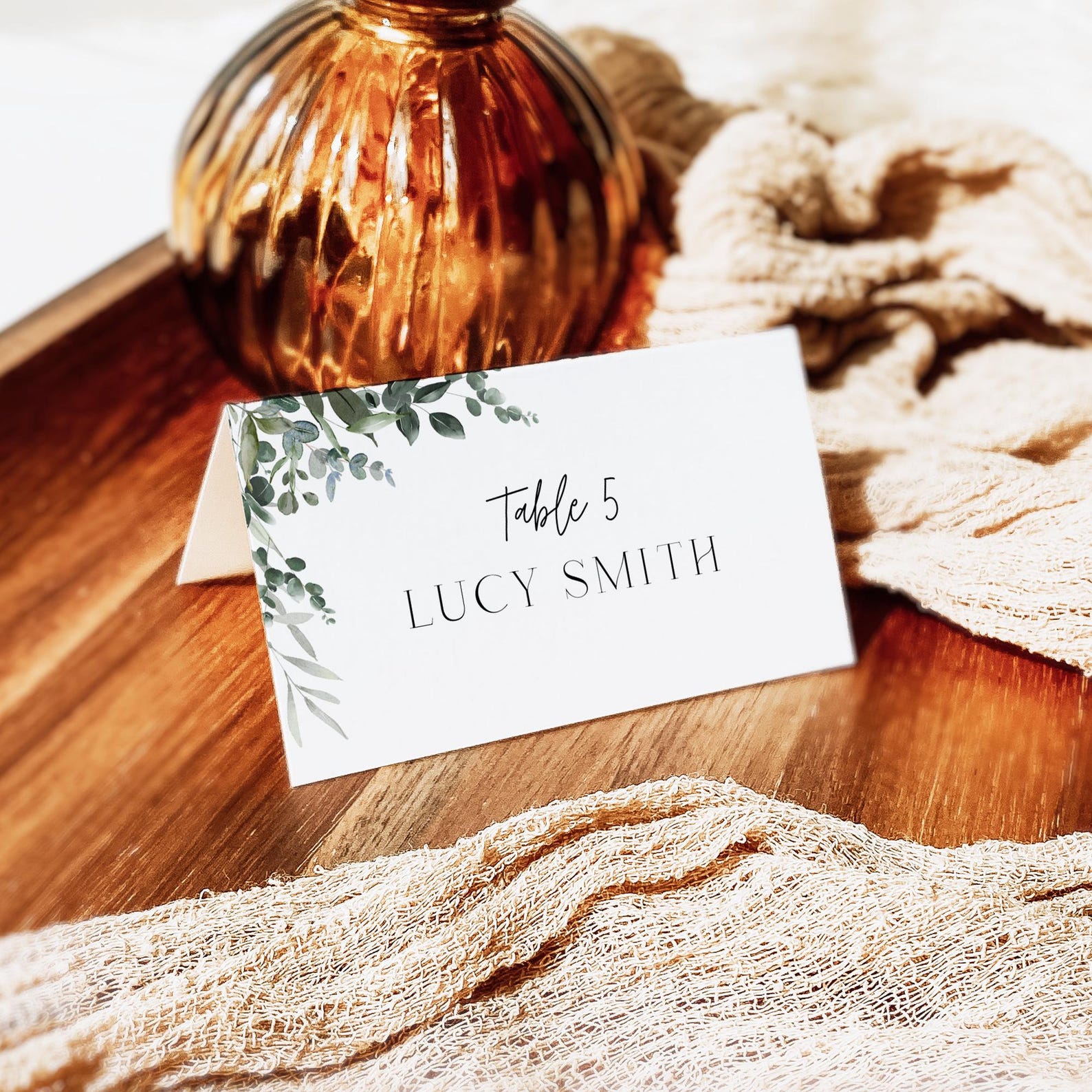 EUCALYPTUS PLACE CARD Template, Editable Place Card, Eucalyptus Wedding Table Name Card ...