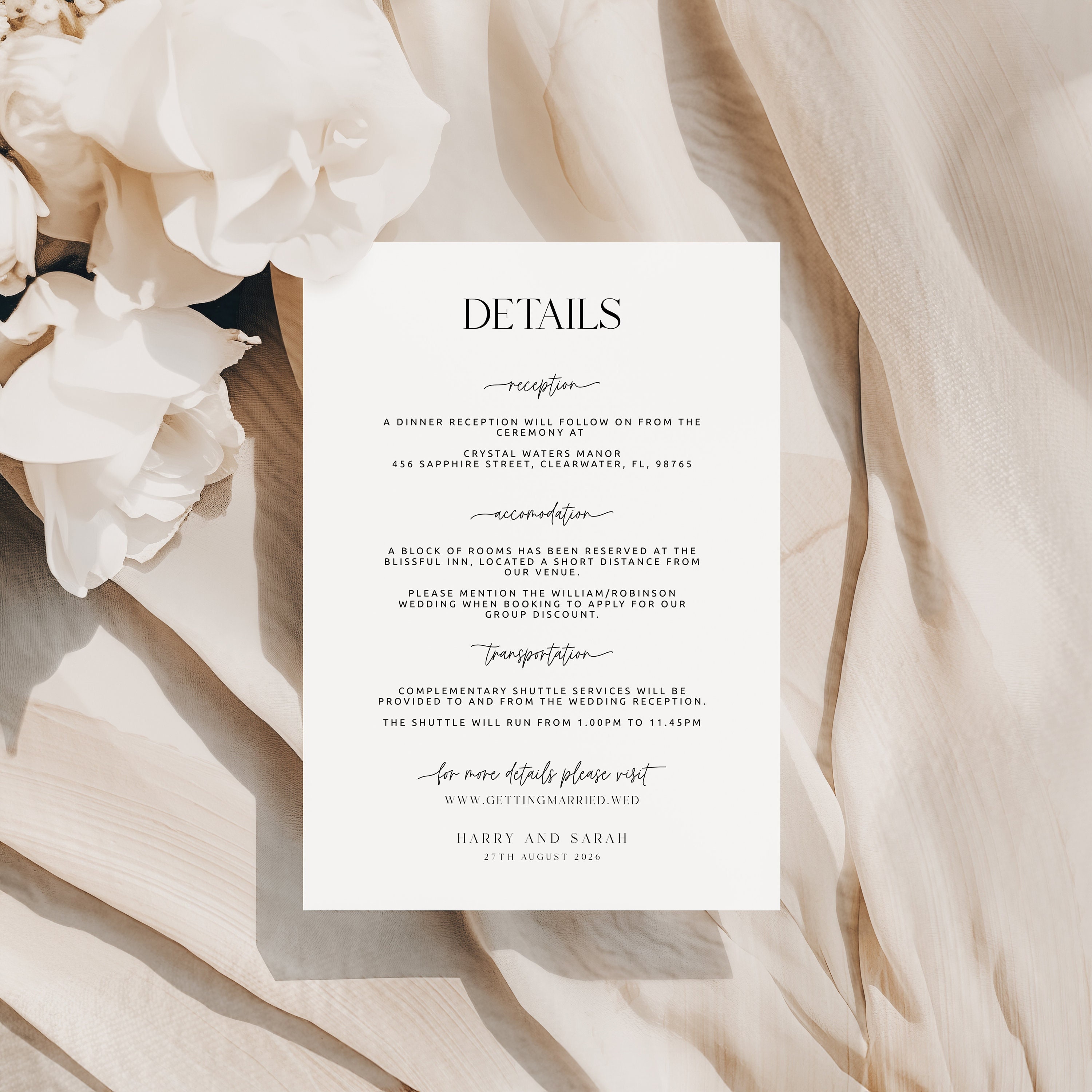 MODERN WEDDING DETAILS Card Template, Editable Wedding Details Card ...