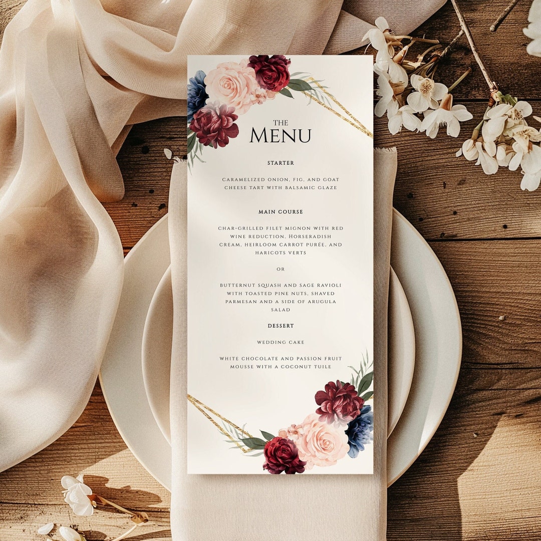 BURGUNDY AND BLUE Navy Menu Template, Wedding Table Menu Card, Floral ...