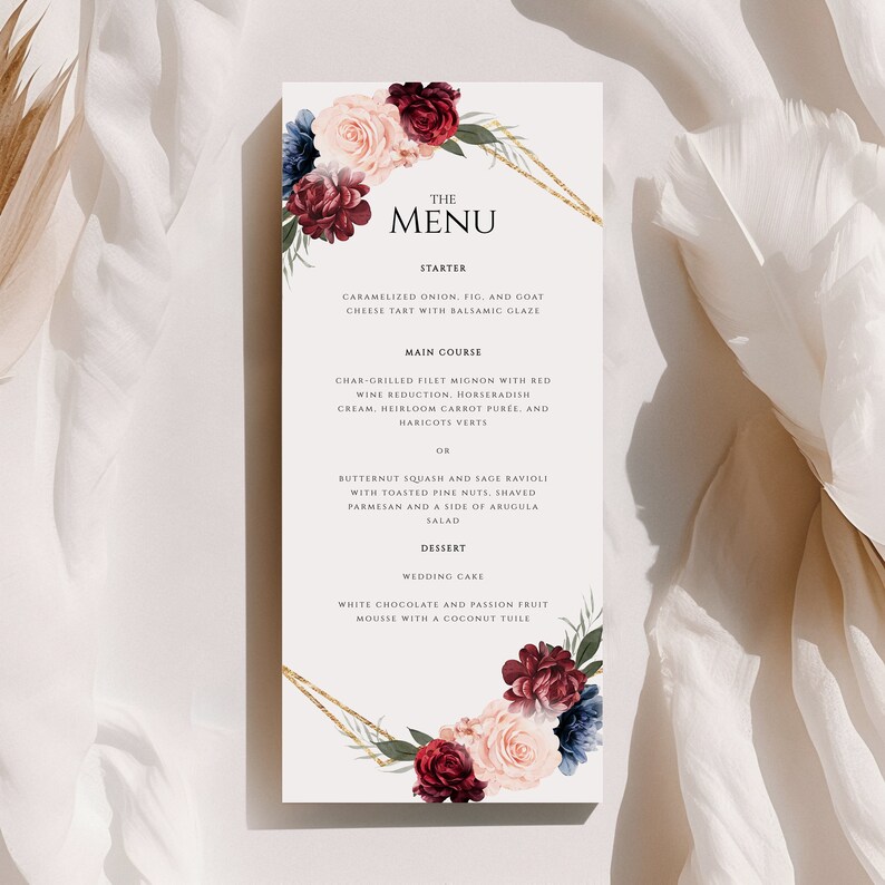 BURGUNDY AND BLUE Navy Menu Template, Wedding Table Menu Card, Floral ...
