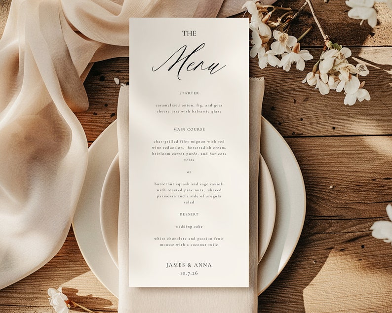 ELEGANT WEDDING MENU Template, Wedding Table Menu Card, Editable Menu, Minimalist Table Menu ...