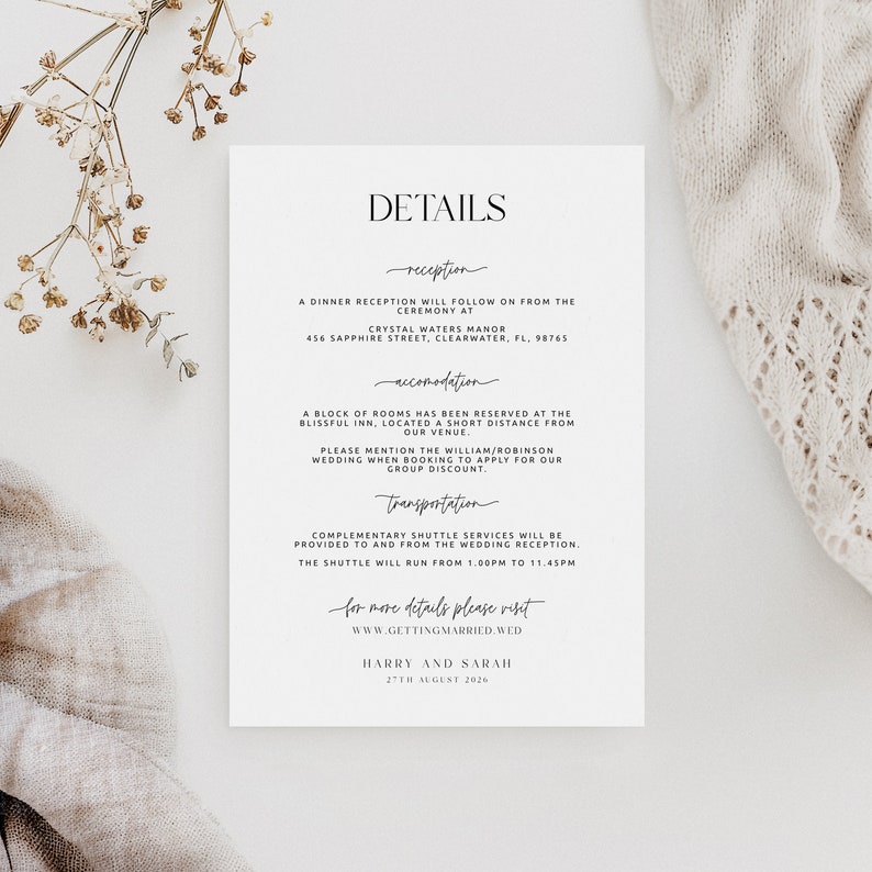 MODERN WEDDING DETAILS Card Template, Editable Wedding Details Card ...