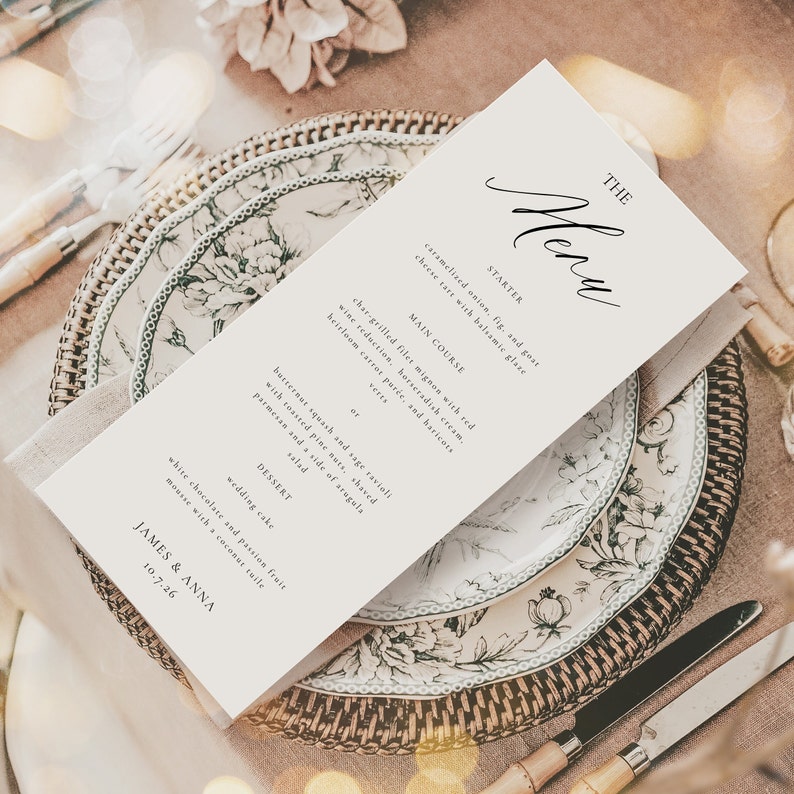 ELEGANT WEDDING MENU Template, Wedding Table Menu Card, Editable Menu ...