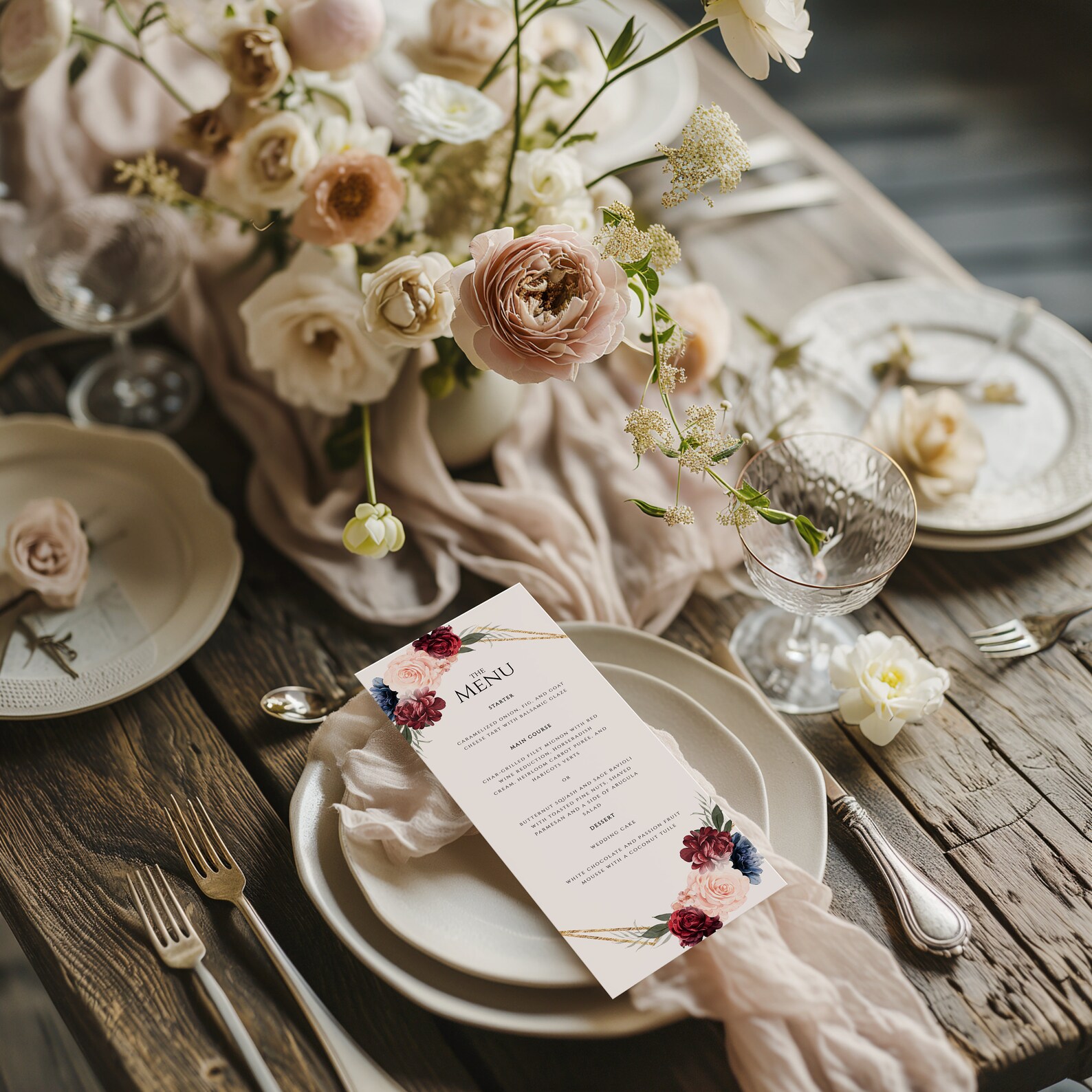 BURGUNDY AND BLUE Navy Menu Template, Wedding Table Menu Card, Floral ...