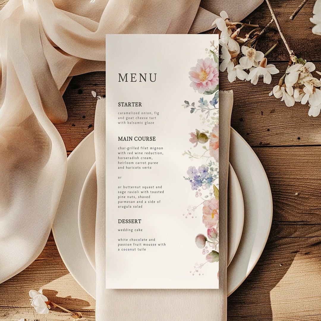WILDFLOWER WEDDING MENU Template, Wedding Table Menu Card, Editable ...