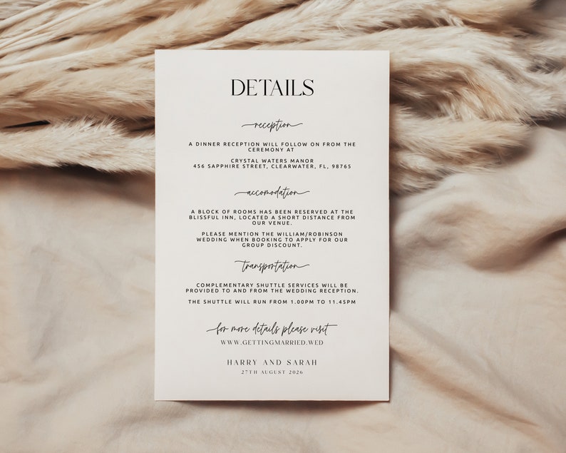 MODERN WEDDING DETAILS Card Template, Editable Wedding Details Card ...