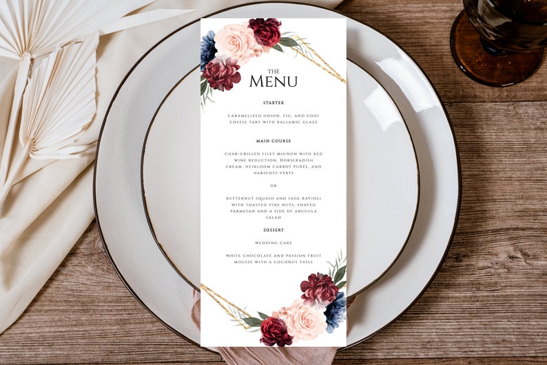 BURGUNDY AND BLUE Navy Menu Template, Wedding Table Menu Card, Floral ...