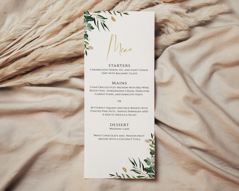 GREENERY WEDDING MENU Template, Wedding Menu Card, Editable Menu, Wedding Table Menu Card, Tall ...