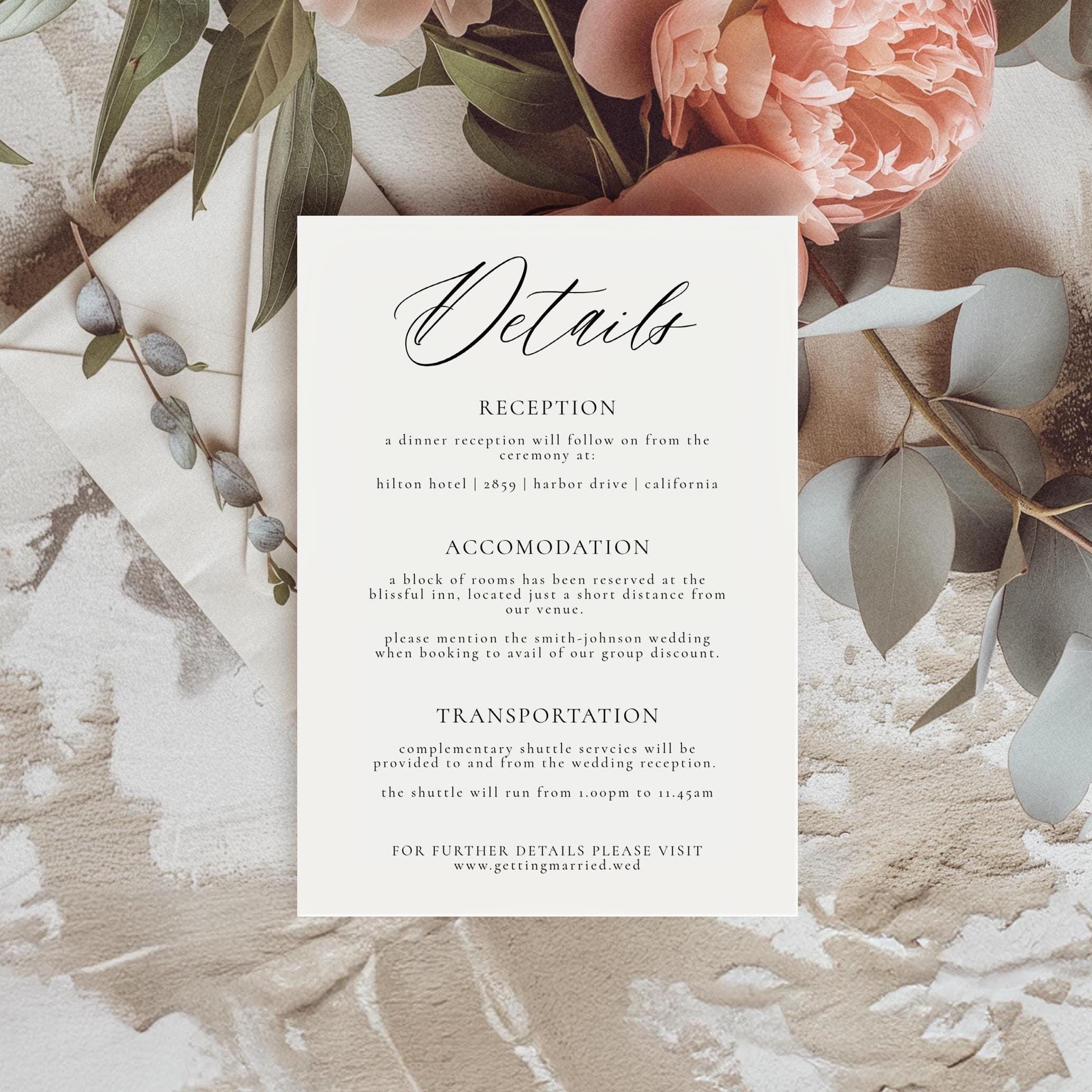 ELEGANT WEDDING DETAILS Card Template, Editable Wedding Details Card ...