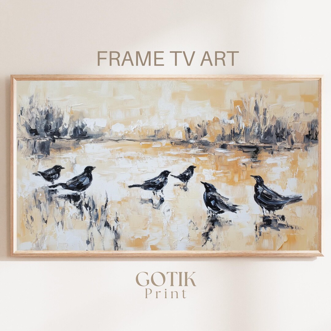 Minimalist Crow Birds Frame TV Art Abstract Oil Painting, Cream Beige ...