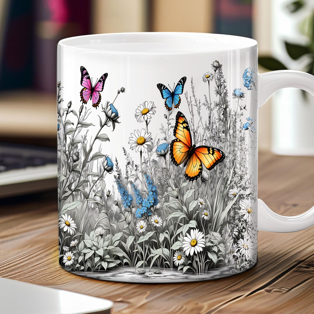 Mug Butterflies Black White Watercolor Wild Flower Meadow Mug Flower ...