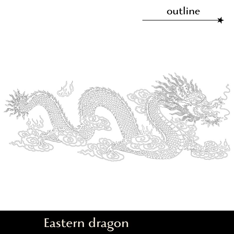 Black & White Eastern Dragon in Clouds SVG, Japanese Long Thin Dragon ...