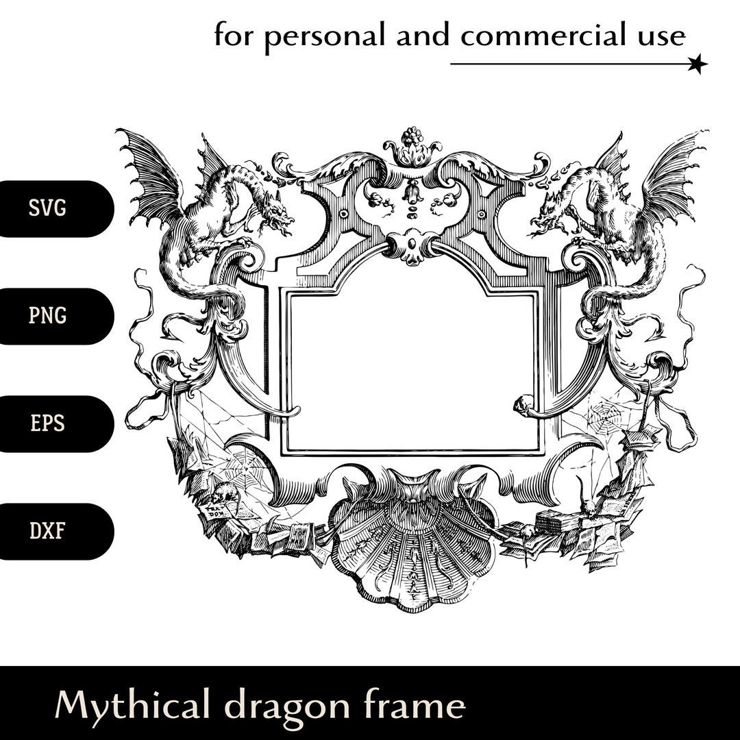 Black & White Mythical Dragon Frame SVG, Fantasy Frame Bas-relief With ...